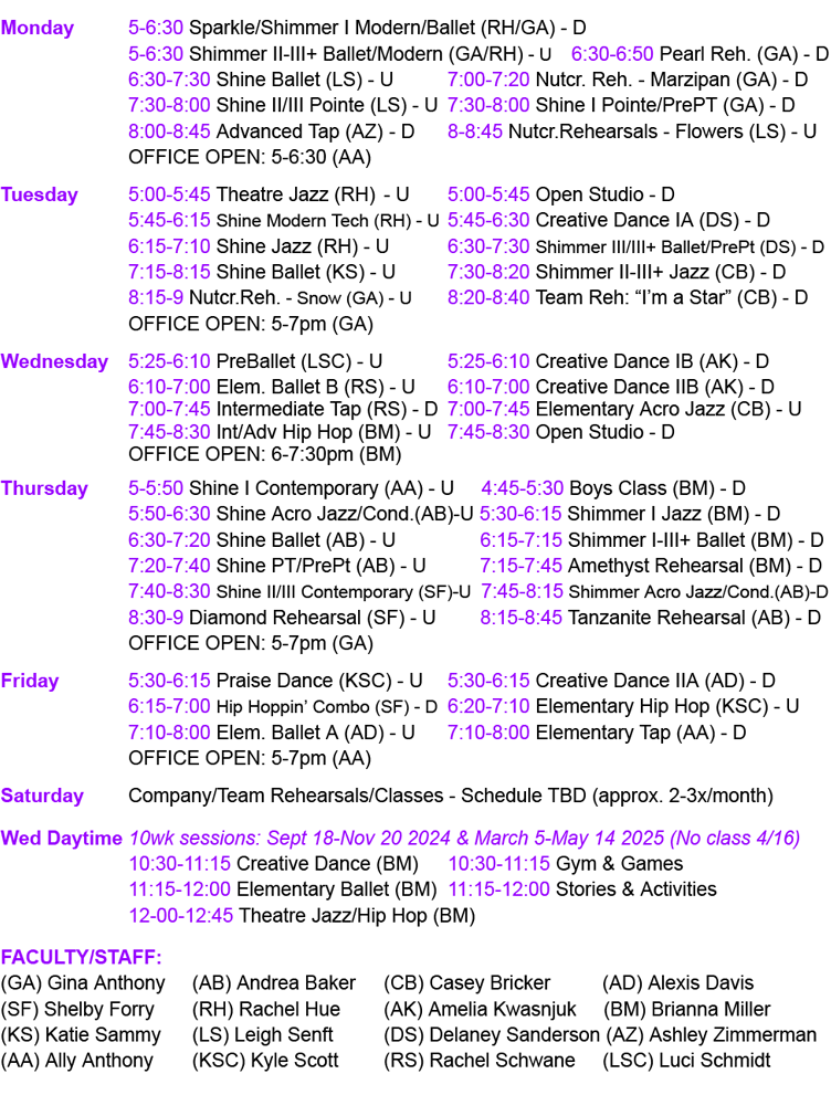 2024-2025 Dance Class Schedule at Greater Dover Dance Academy (Dover, PA)